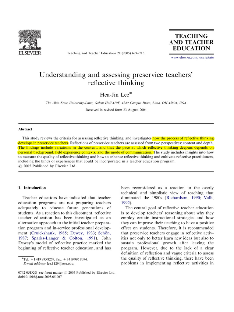 (2005) Understanding and Assessing Preservice Teachers Reflective Thinking | PDF | Thought ...