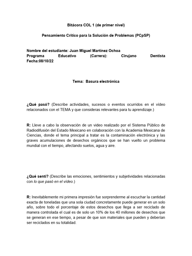 Bitacora Col 1 de Primer Nivel (Terminada) | PDF | Residuos | Contaminación
