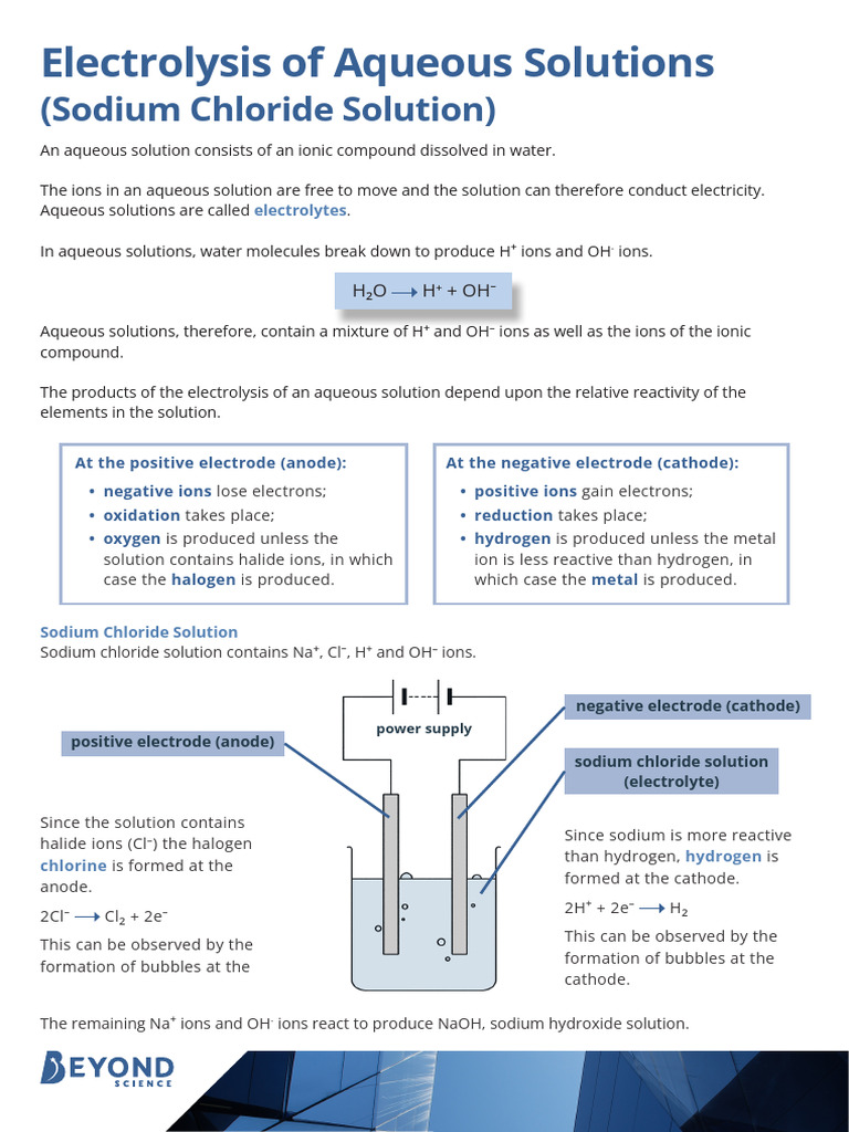 Electrolysis of Aqueous Solutions Sodium Chloride Poster | PDF | Ion | Chlorine