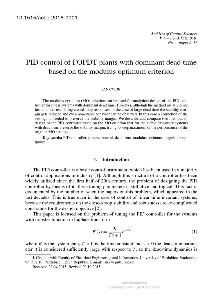 PID Control of FOPDT Plants With Do | PDF | Control Theory | Systems ...