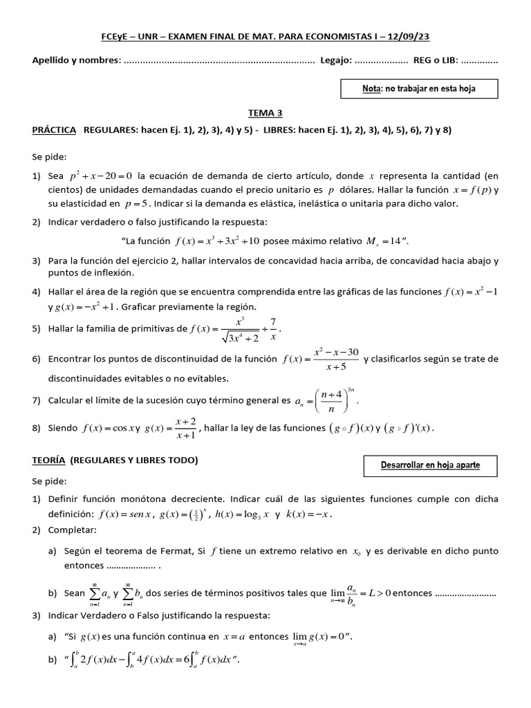 SEP 2023 - Examen ME I - 120923 - Tema 3 | PDF | Límite (Matemáticas) | Funciones y mapeos