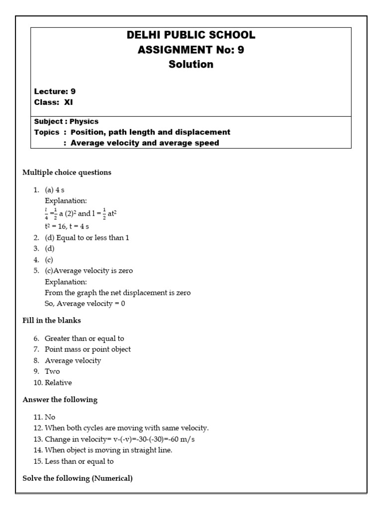 Assign - Solution 9 - XI | PDF | Velocity | Speed