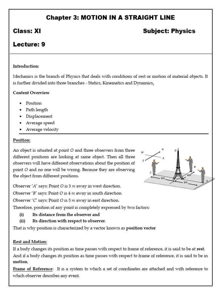 Lec 9 - XI - Motion in A Straight Line | PDF | Velocity | Speed