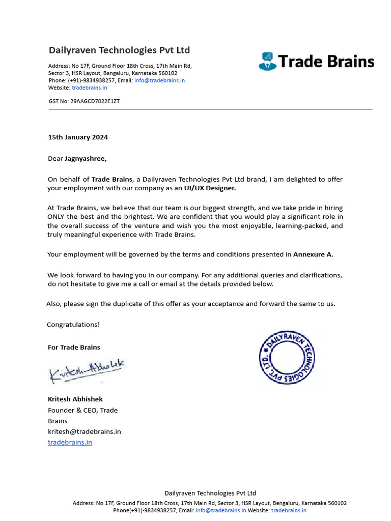 Offer Letter - Jagnyashree Pattnayak | PDF | Employment | Business