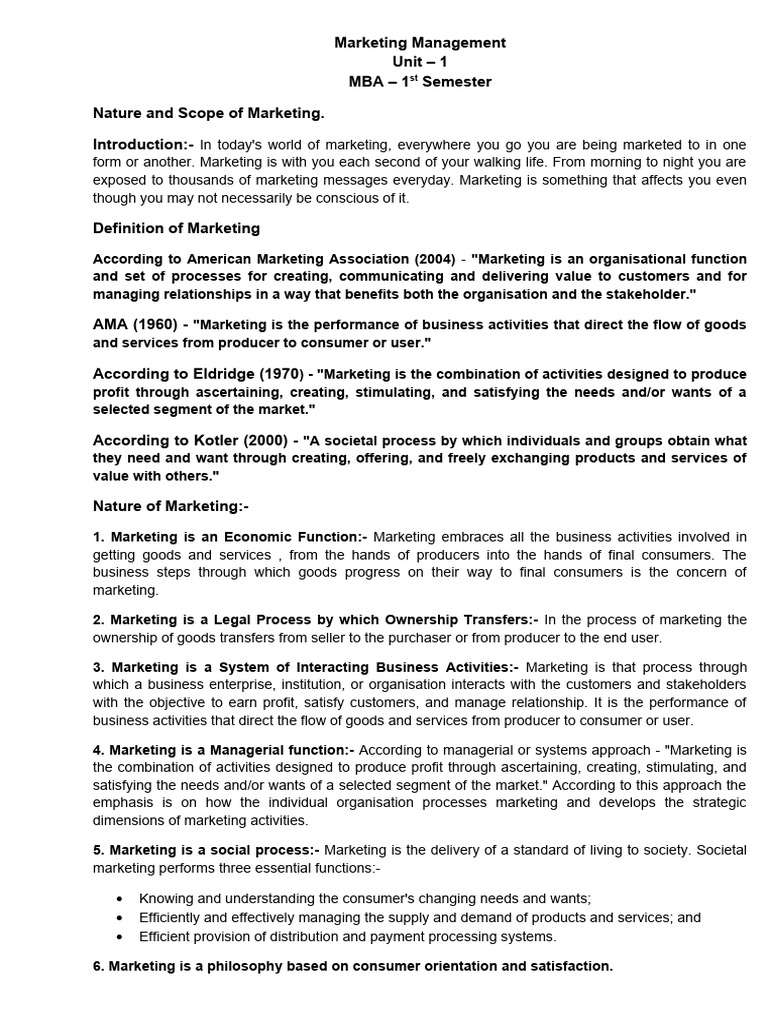 Unit 1 Marketing Management MBA 1st Semester | PDF | Marketing | Promotion (Marketing)