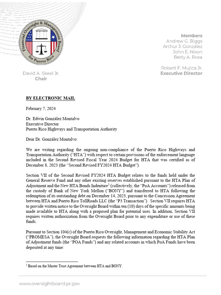 FOMB - Letter - HTA - Section 104 (C) Request - February 7, 2024 | PDF ...