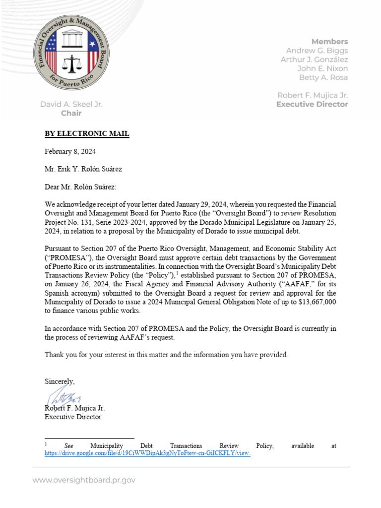 FOMB - Letter - Response Erik Rolon Suarez - Section 207 Municipality ...