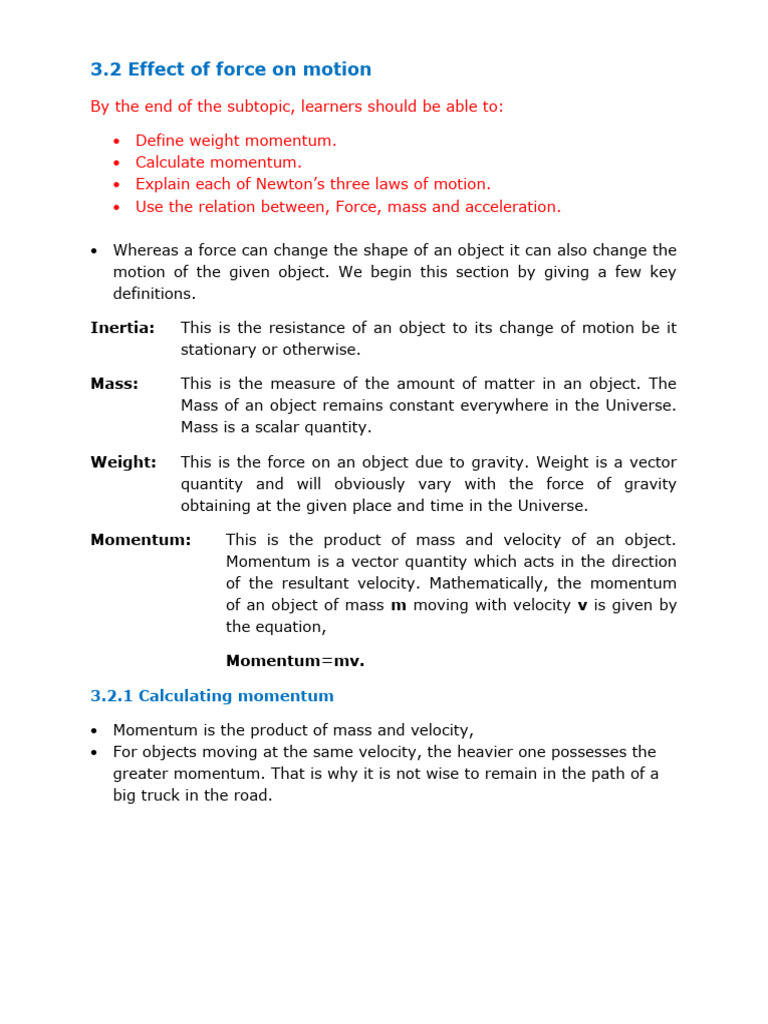 3.2 Effect of Force On Motion Notes | PDF | Force | Momentum