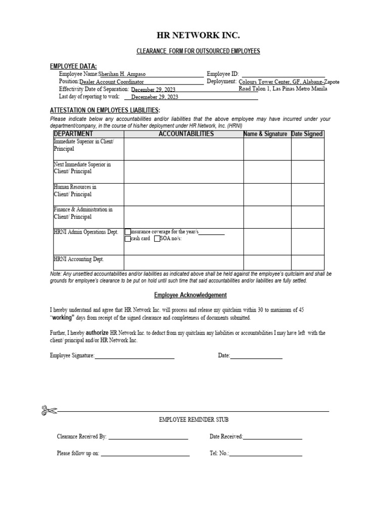 HRNI Employee Clearance Form | PDF | Finance & Money Management