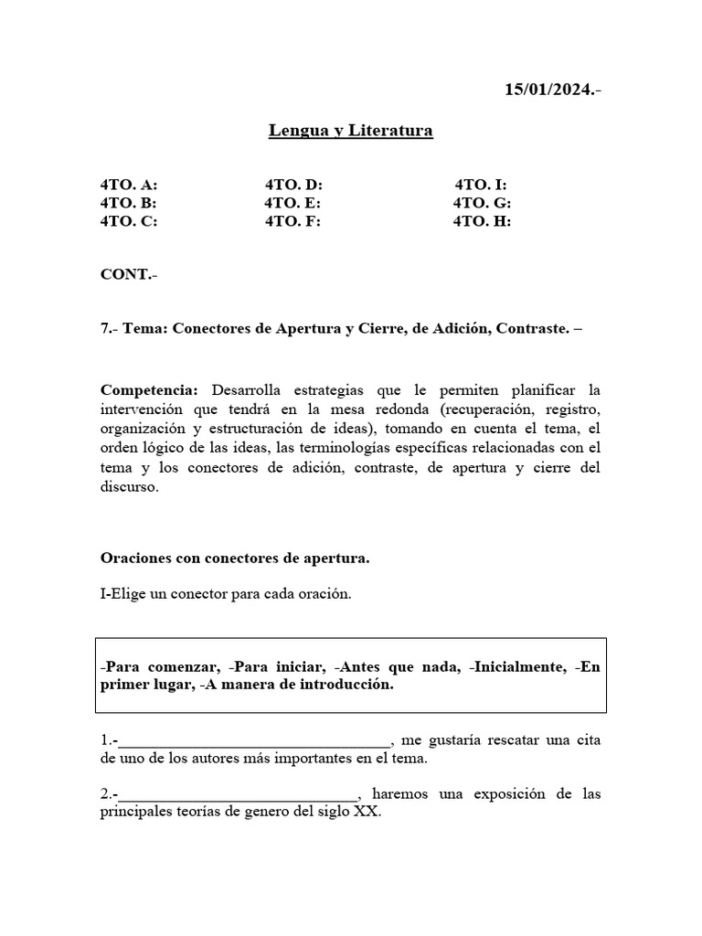 Tema Ejercicios de Los Conectores de Apertura, Cierre, Adición y ...