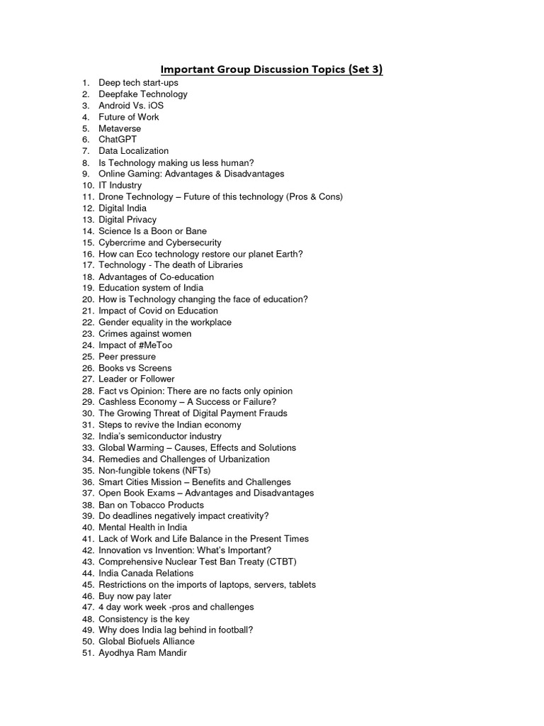 CS - Important Group Discussion Topics (Set 1 - Set 2 - Set 3) | PDF
