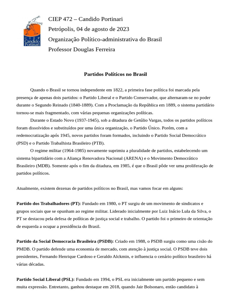História dos Partidos Políticos no Brasil | PDF | Partidos políticos ...