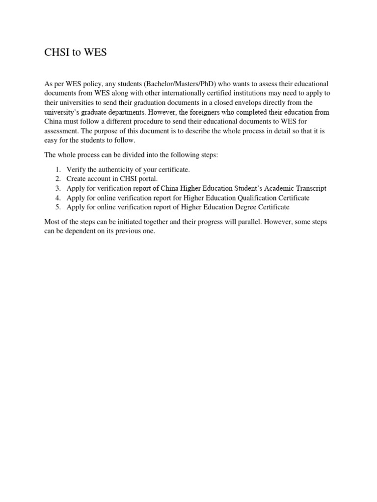 CHSI To WES | PDF | Authentication | Academic Degree