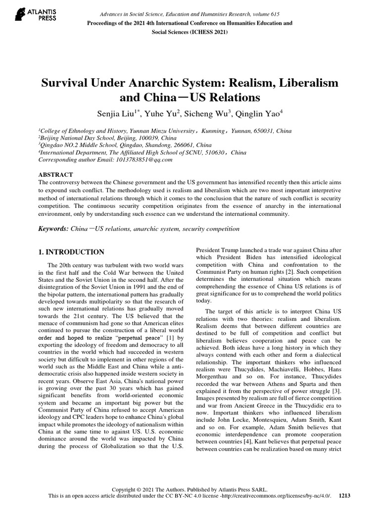 Survival Under Anarchic System Realism, Liberalism and China US ...