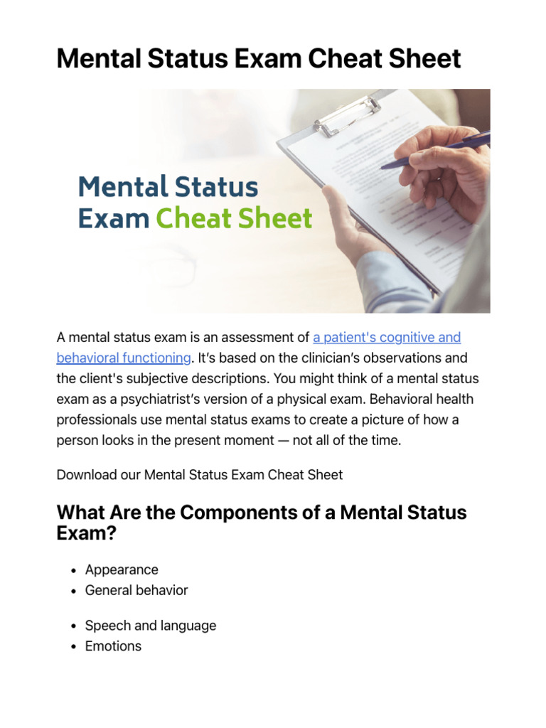 Mental Status Exam Cheat Sheet - Free Resource Download 2 | PDF ...