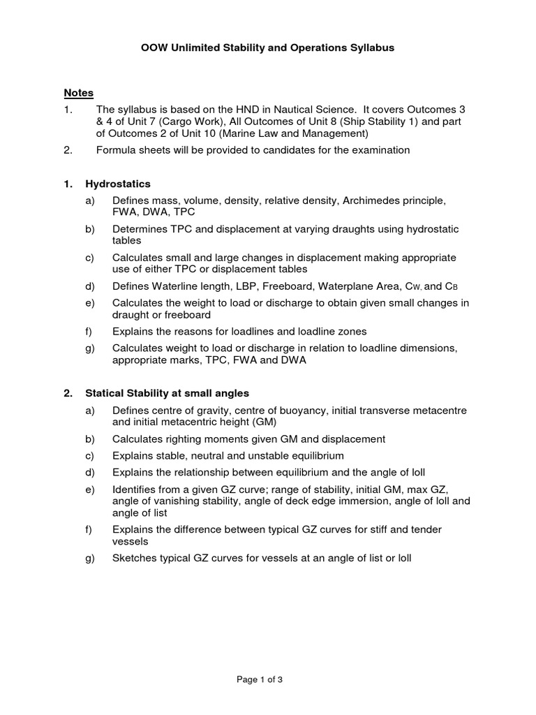 034-84 Stability Operations - Syllabus | PDF | Watercraft | Shipping