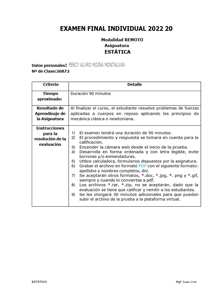 Solucion Examen Final Estatica Moina Montalvan Percy Alvaro | PDF
