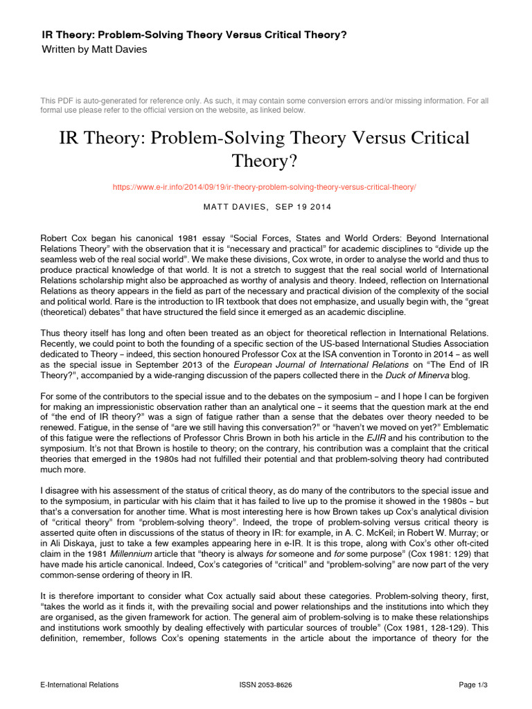 IR Theory Problem Solving Theory Versus Critical Theory | PDF | Theory | Critical Theory