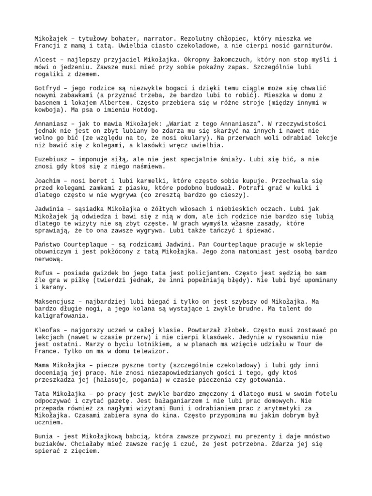 Opis Postaci - Mikolajek | PDF