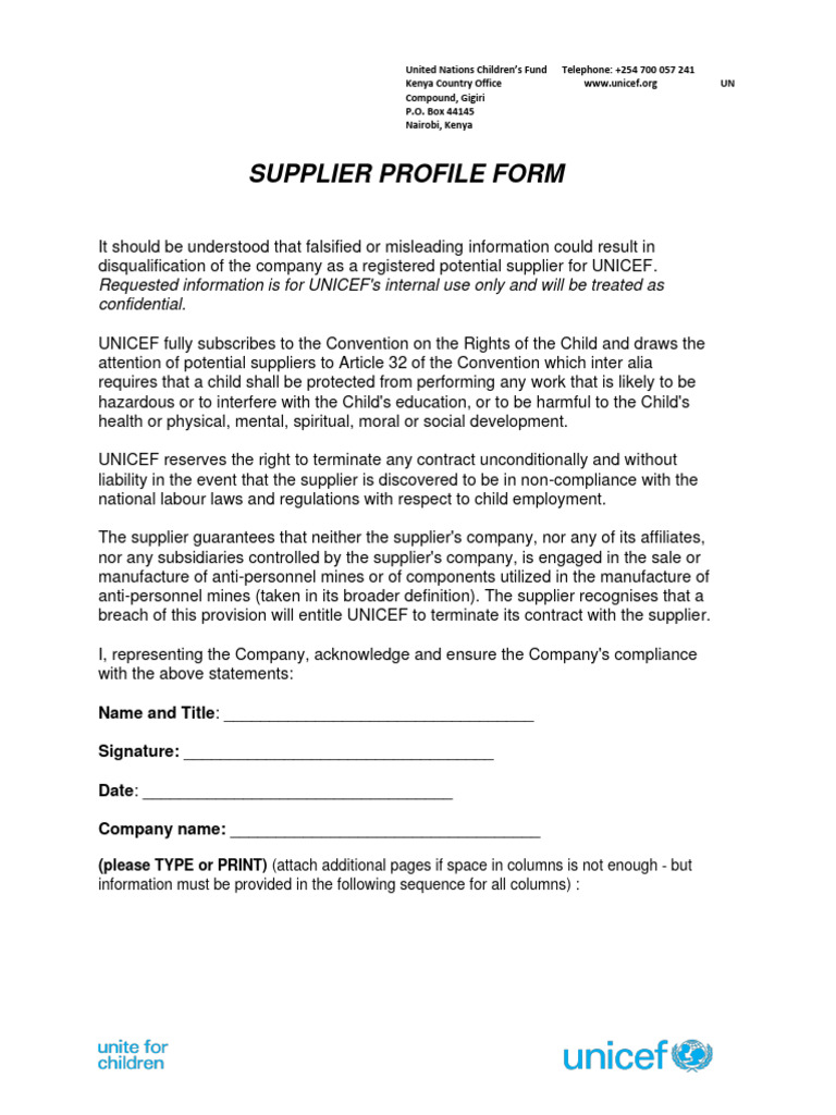 Supplier Profile Form for UNICEF | PDF | Unicef | Warehouse