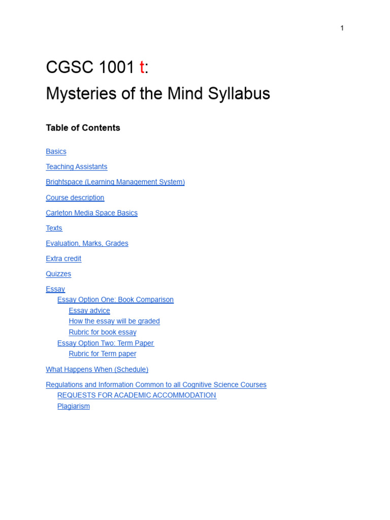 CGSC1001 Syllabus Mysteries of The Mind | PDF | Essays | Cognitive Science