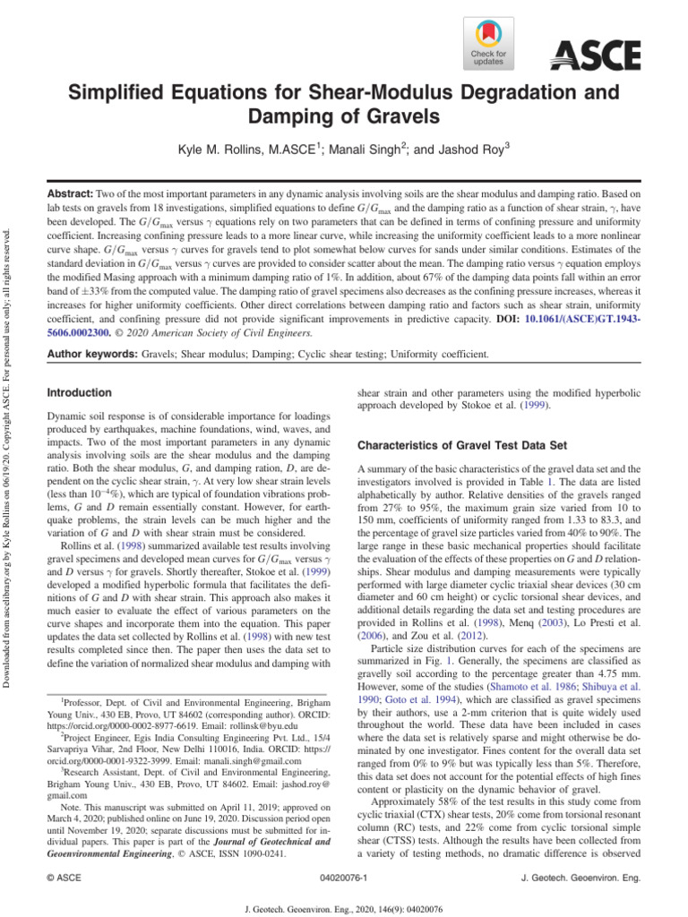 Simplified Equations For Shear-Modulus Degradation and Damping of Gravels | Download Free PDF ...