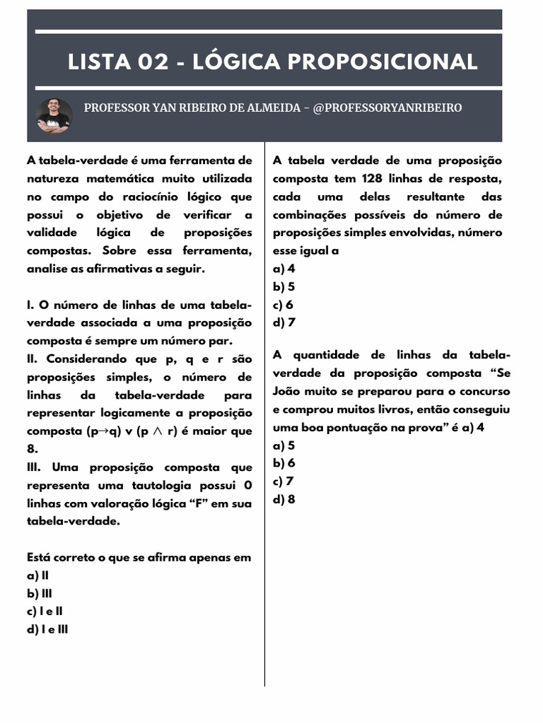 Lista 02 - Lógica Proposicional | PDF | Lógica matemática | Lógica