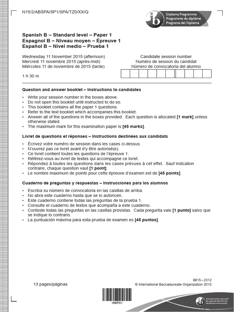 Spanish B Paper 1 Question Booklet SL | PDF | Artes del Lenguaje y ...