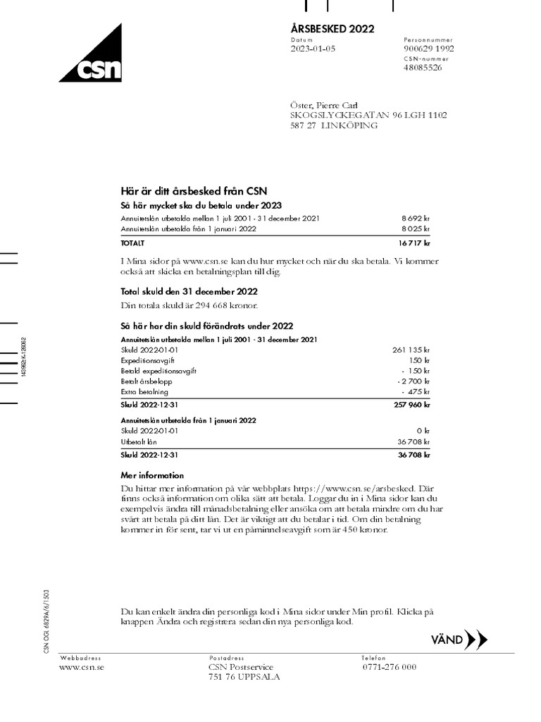 Kostnad CSN Årsbeskedet 2023 | PDF