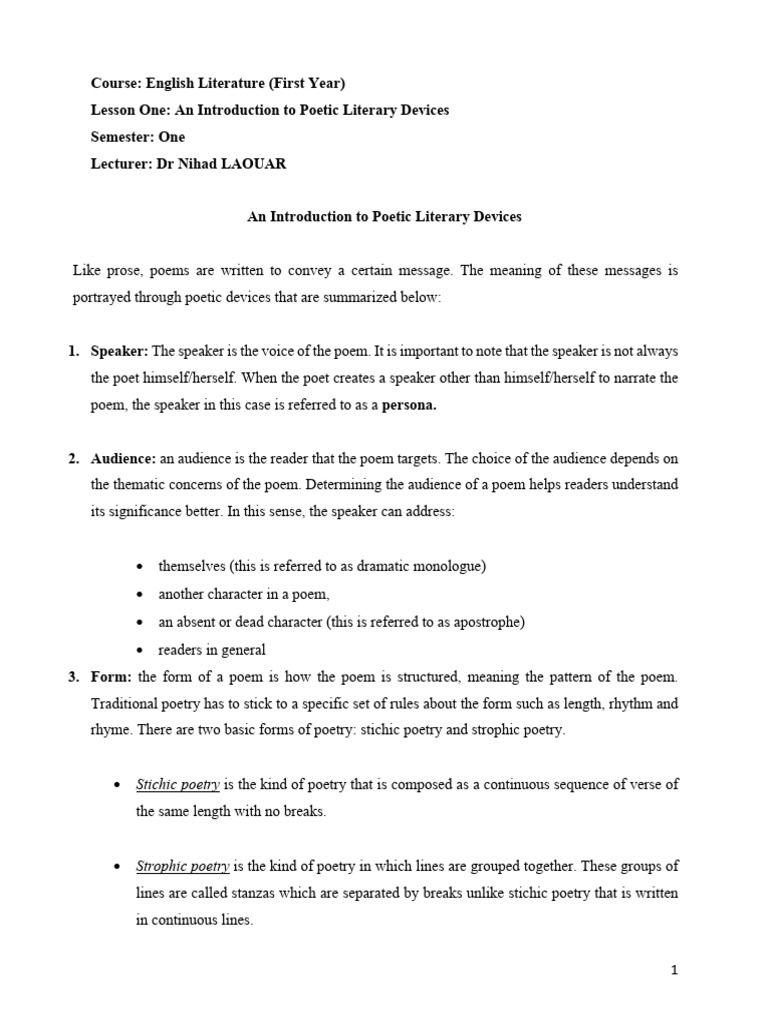 Lesson One Poetic Devices | PDF | Poetry | Metre (Poetry)
