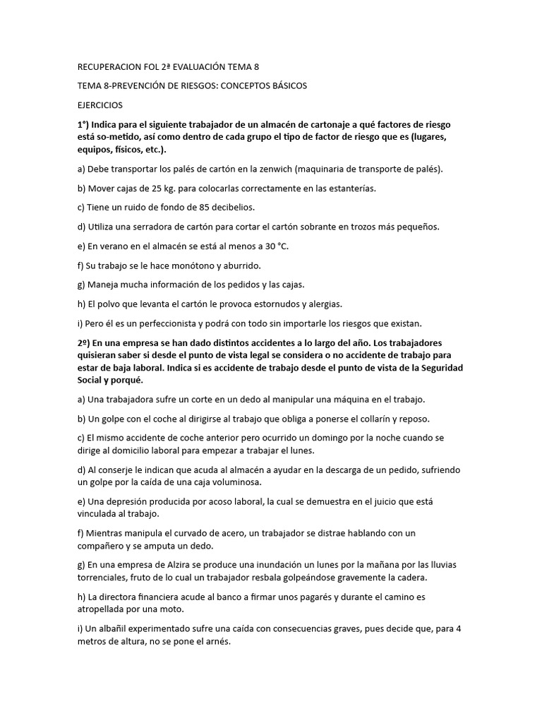 Recuperacion Fol 2 Evaluación Tema 8 | PDF | Amianto | Seguridad y salud ocupacional