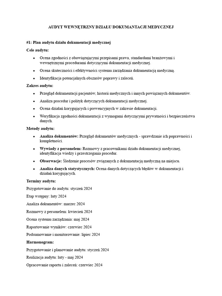 Audyt Wewnętrzny Działu Dokumantacji Medycznej | PDF