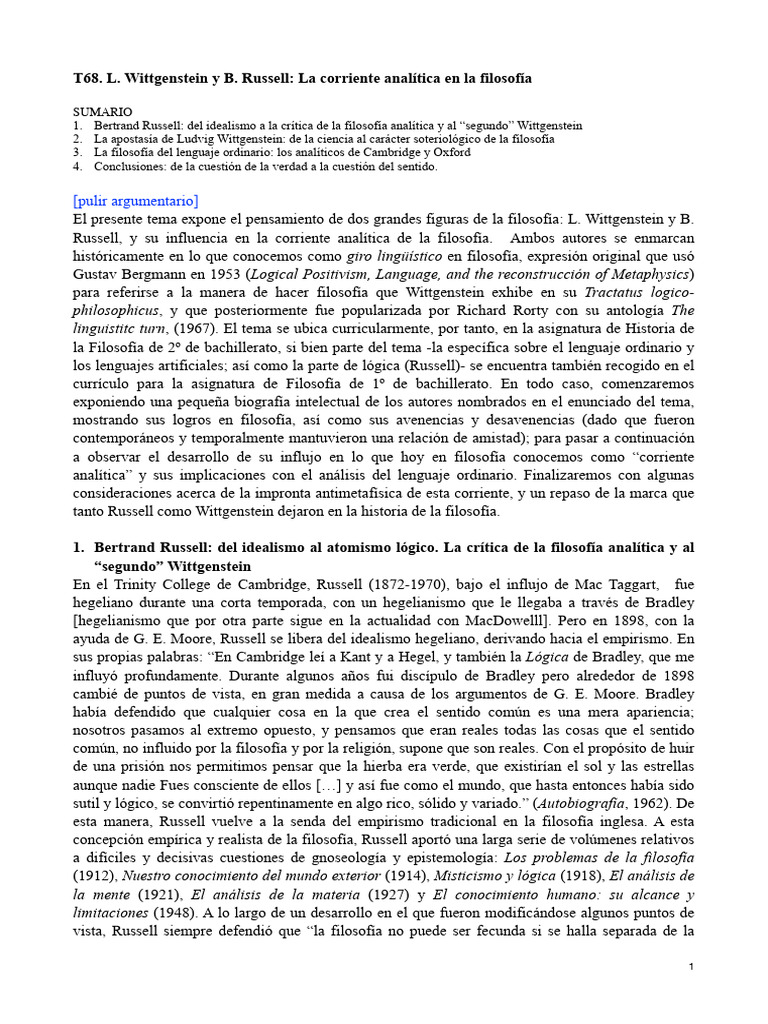 Wittgenstein y Russell: Filosofía Analítica | PDF | Bertrand Russell ...