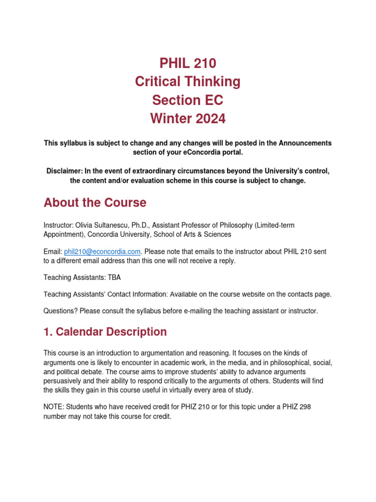PHIL 210: Critical Thinking Syllabus | PDF | Quiz | Plagiarism