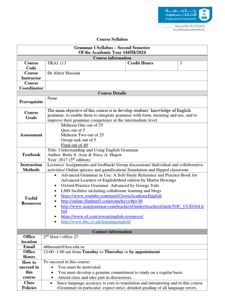Grammar 1 Syllabus2023 | PDF | Perfect (Grammar) | Human Communication