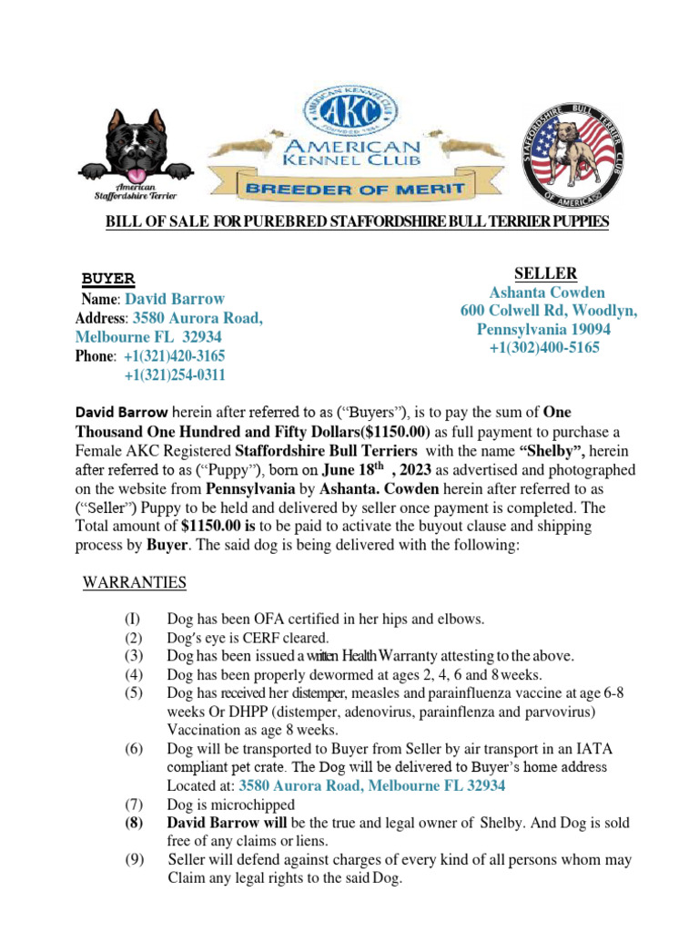 Bill of Sale For Purebred Staffordshire Bull Terrier (David Barrow ...