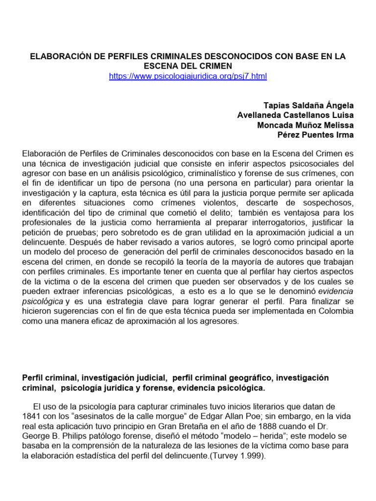 PERFILES CRIMINALES DESCONOCIDOS CON BASE EN LA ESCENA DEL CRIMEN | PDF | Perfil del delincuente ...