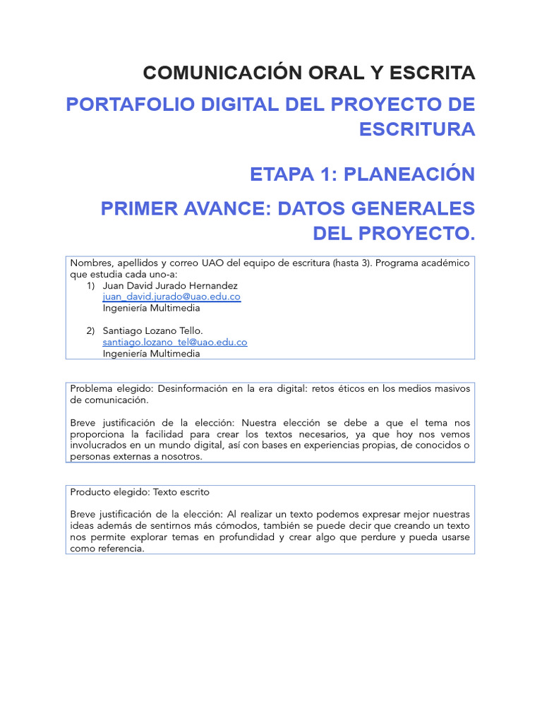 Planeación Del Proyecto de Escritura Primer Avance | PDF | Estudios de ...