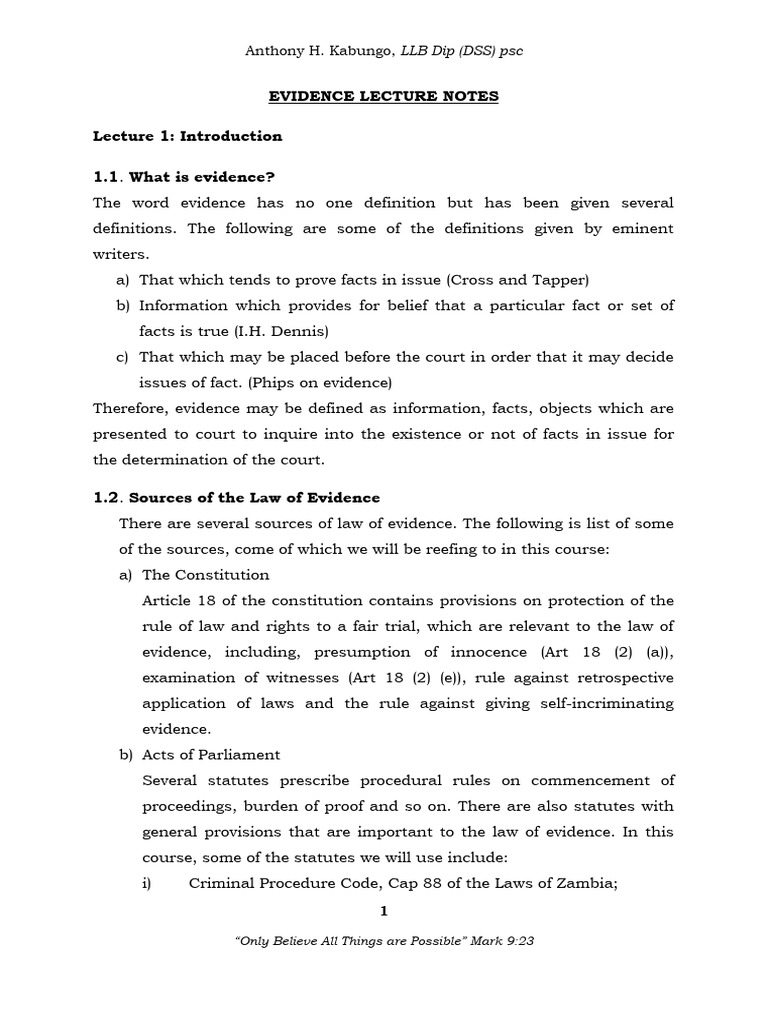 Evidence Lecture Notes | PDF | Burden Of Proof (Law) | Evidence (Law)