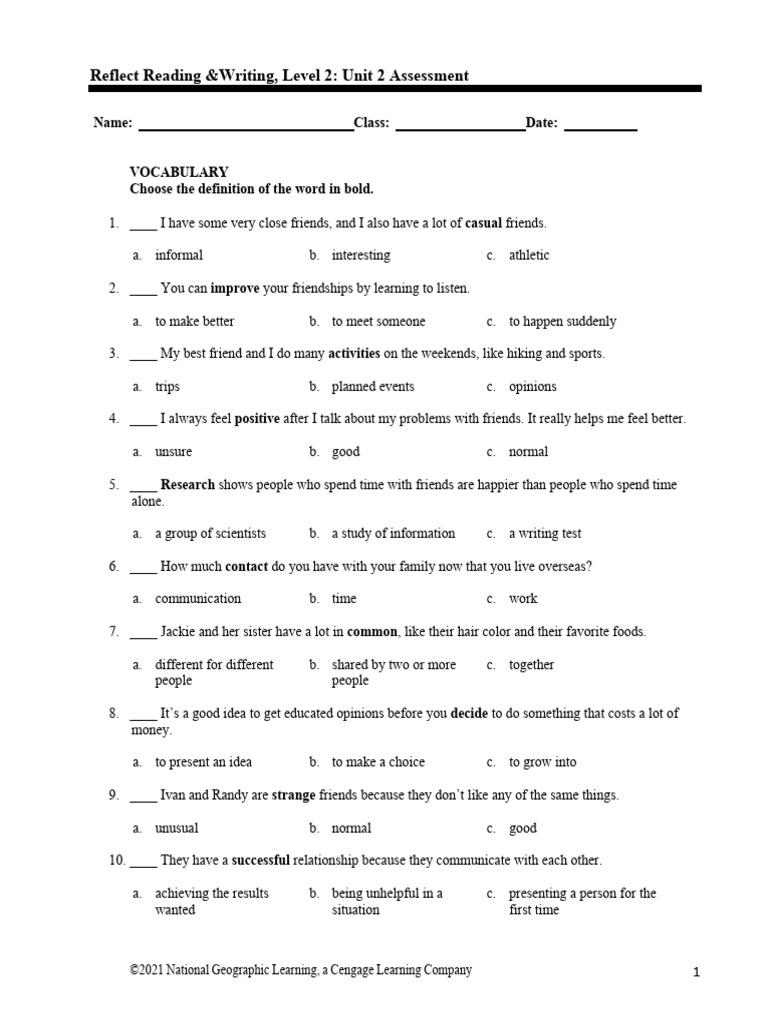 Reflect Ev RW L2u2 Test | PDF | Vocabulary | Communication
