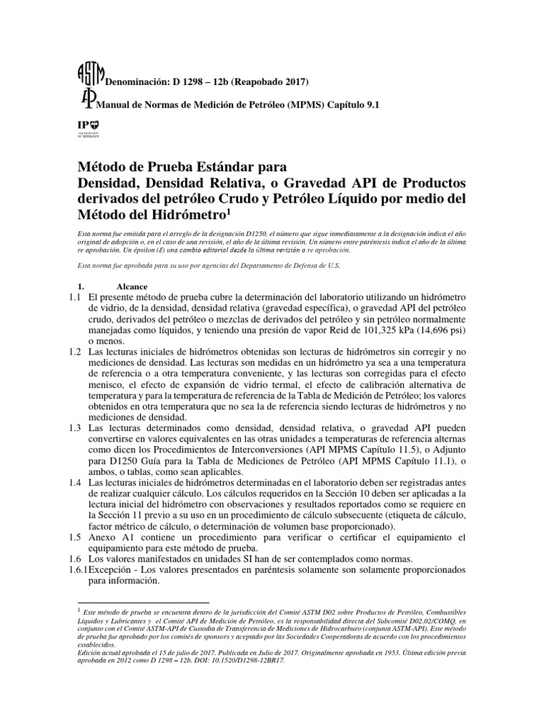 ASTM D1298 G. Especifica-Español | PDF | Medición de flujo | Petróleo ASTM D1298 G. Especifica-Español | PDF | Medición de flujo | Petróleo