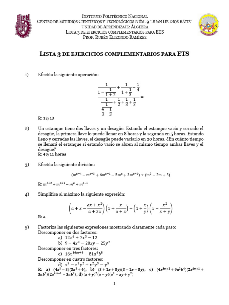 Lista 3 de Ejercicios Complementarios para ETS de Álgebra | PDF | Matemáticas | Álgebra