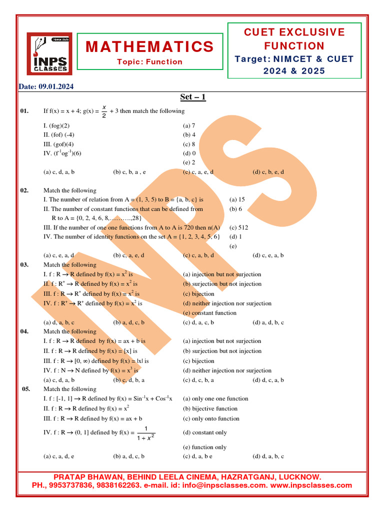 CUET & NIMCET 2024-25 Function Practice | PDF | Logic | Analysis