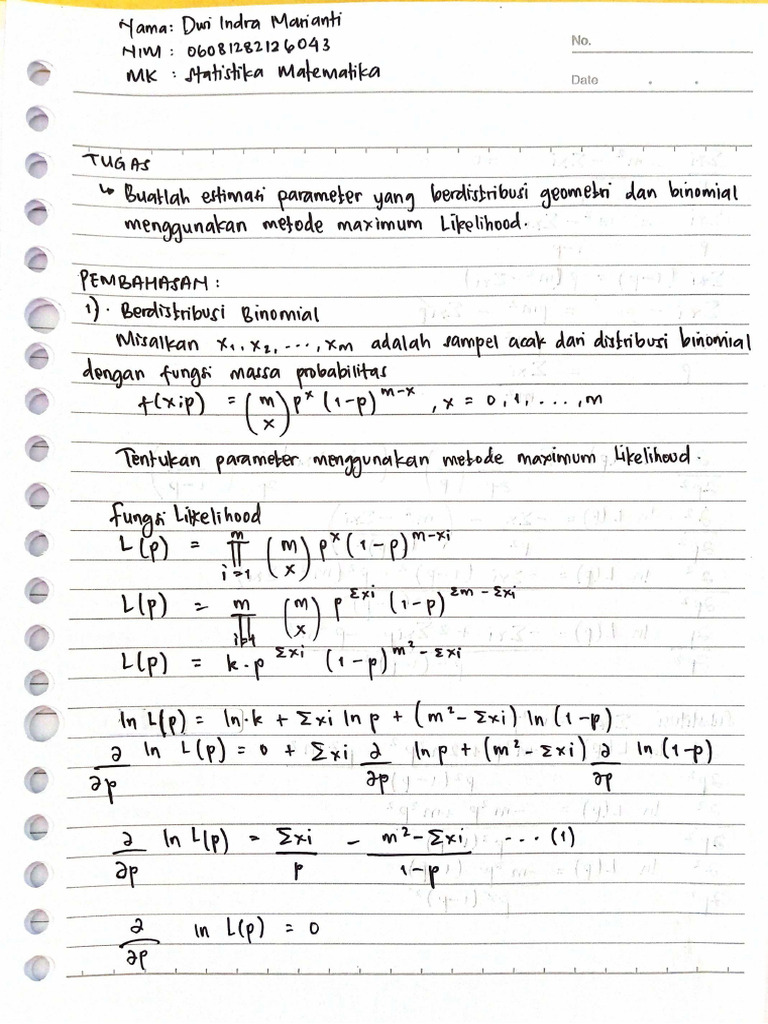 Tugas Statmat Metode Maksimum Likelihood - Dwi Indra Marianti | PDF