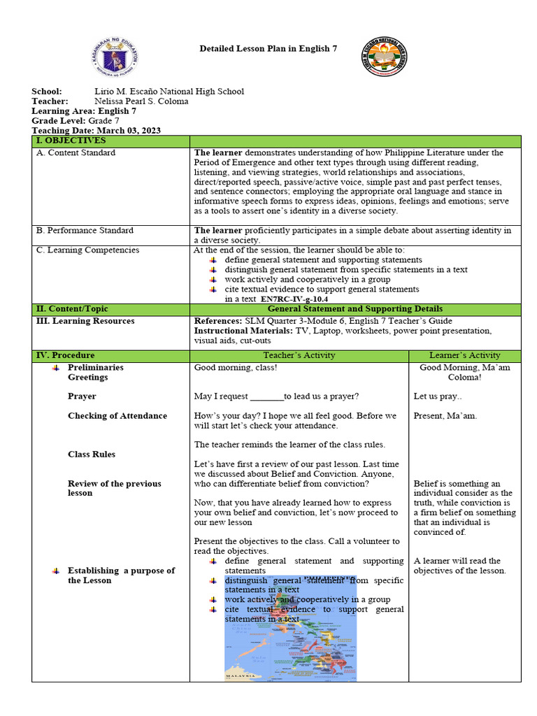 Detailed Lesson Plan in English 7 | PDF | Lesson Plan | Learning