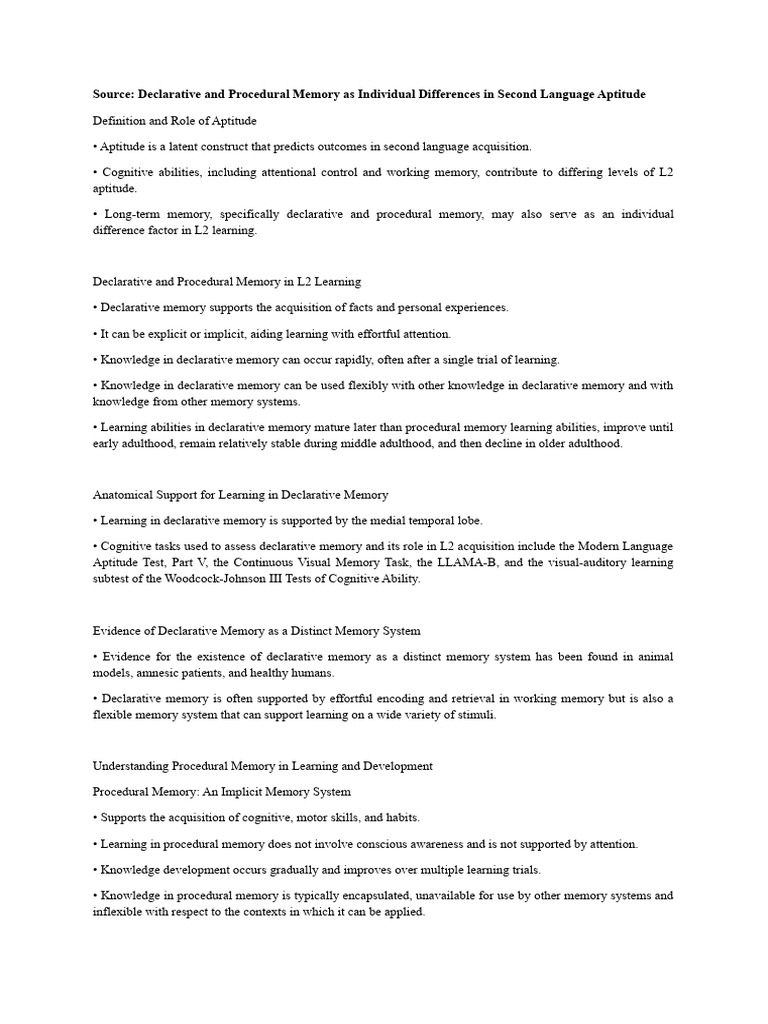 Declarative and Procedural Memory | PDF | Memory | Second Language Acquisition