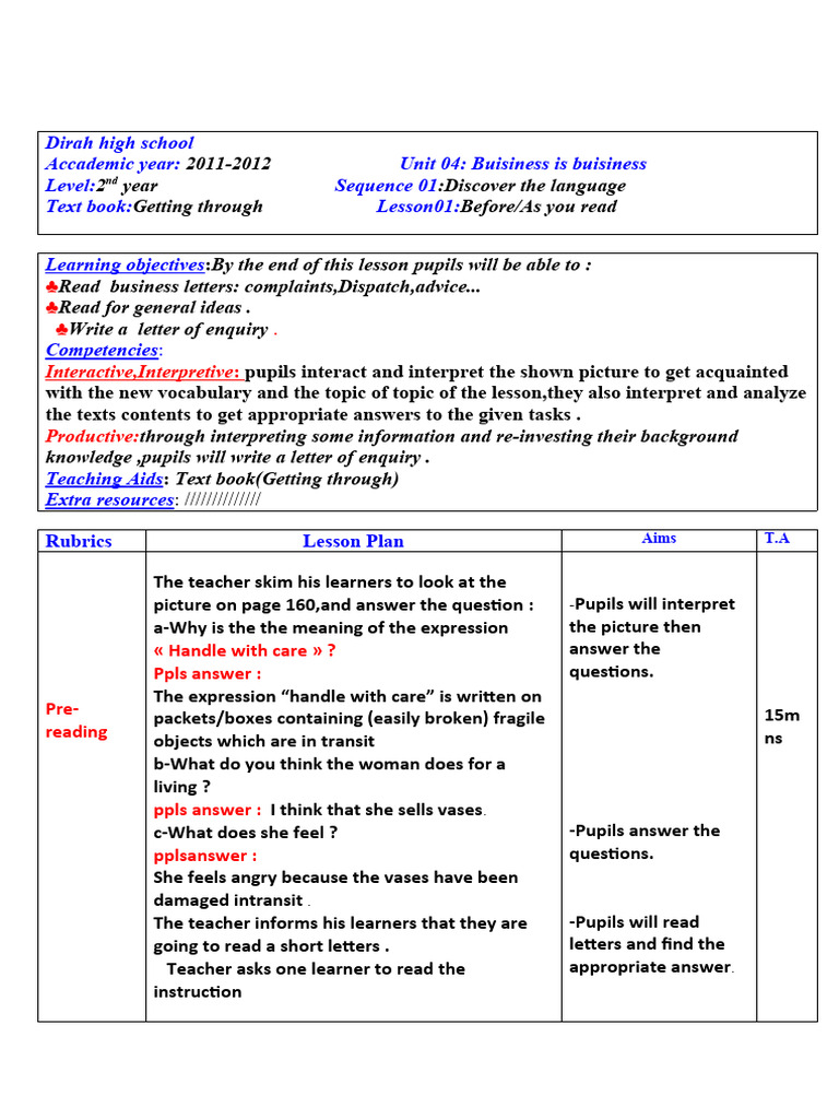 Business Letter Lesson Plan | PDF | Lesson Plan | Teachers