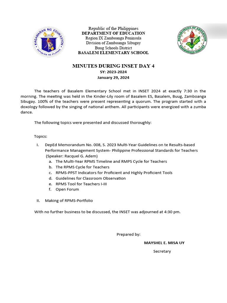 INSET Day Minutes for Basalem Elementary | PDF
