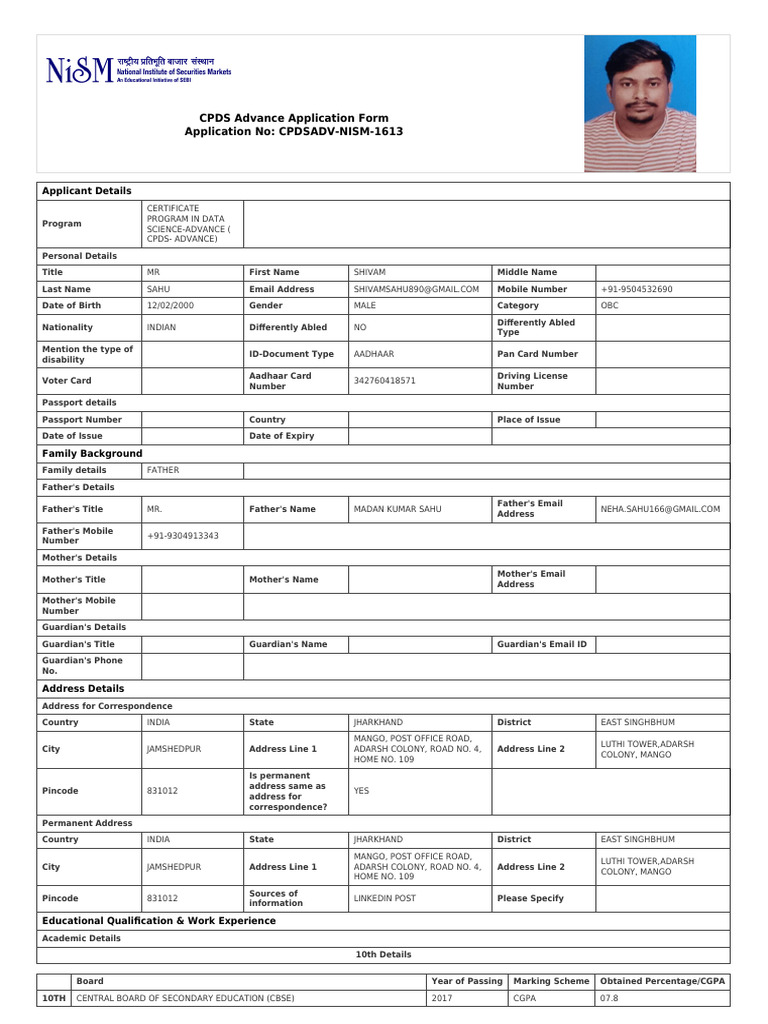 Application Form CPDSADV-NISM-1613 | PDF