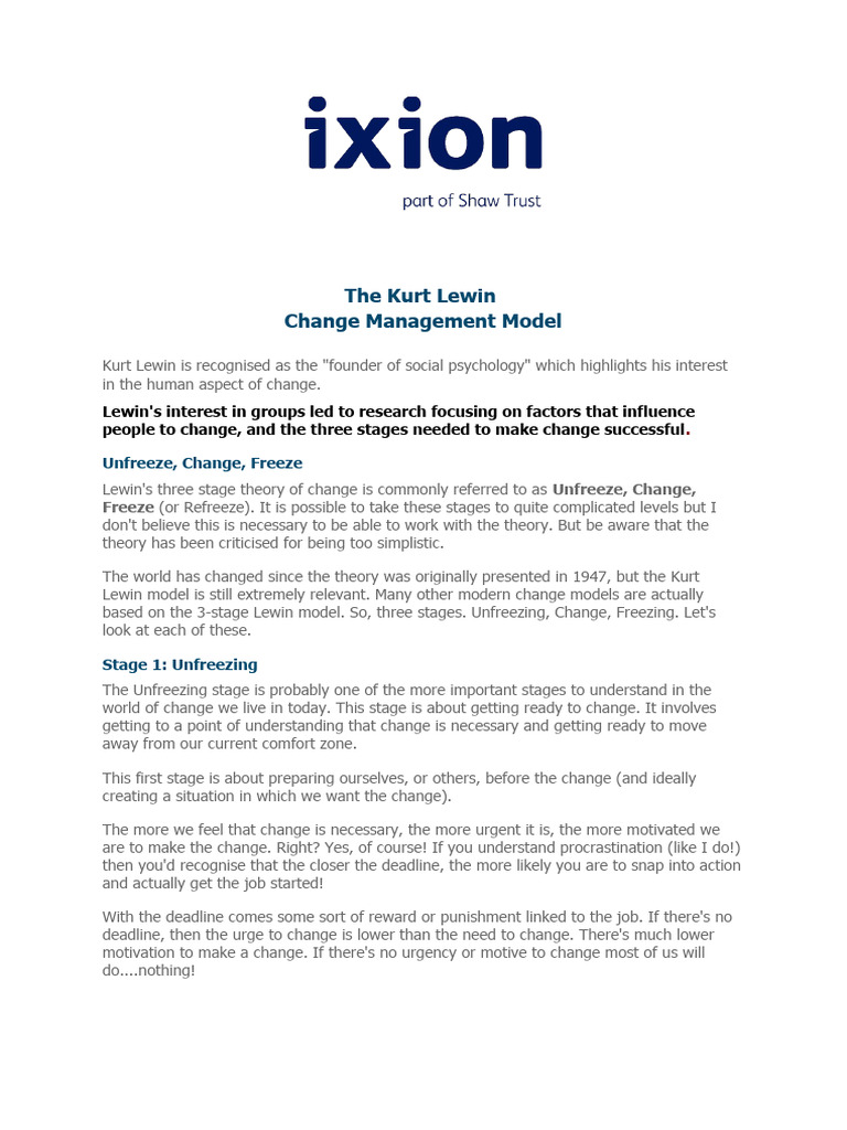 Lewin's 3-Stage Change Model Guide | PDF | Motivation | Motivational